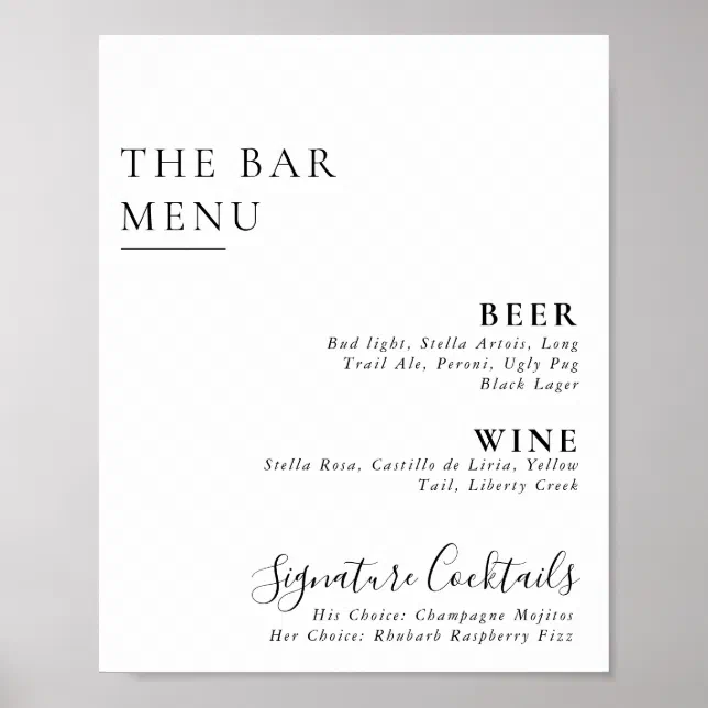 Elegant Minimalist Calligraphy Wedding Bar Menu Poster | Zazzle
