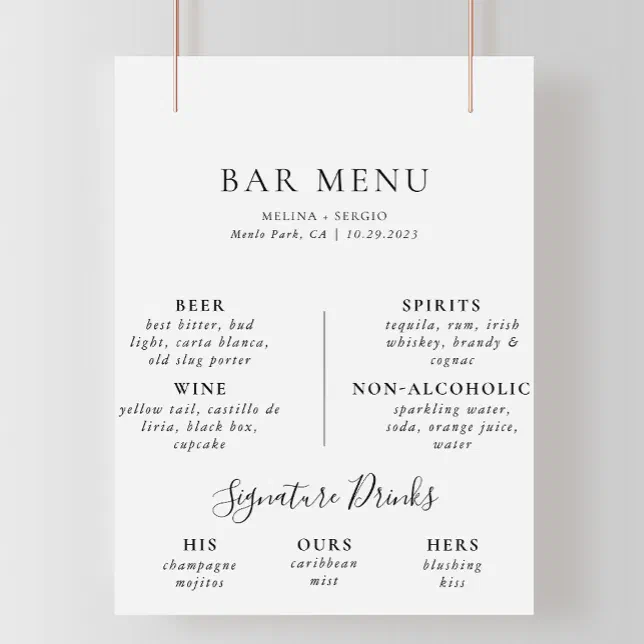 Elegant Minimalist Calligraphy Wedding Bar Menu Poster | Zazzle