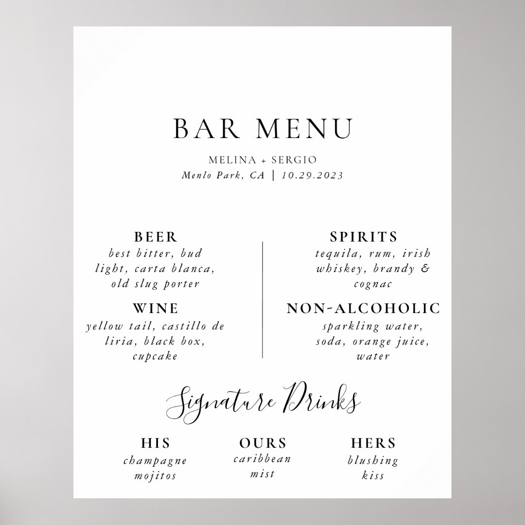 Elegant Minimalist Calligraphy Wedding Bar Menu Poster | Zazzle