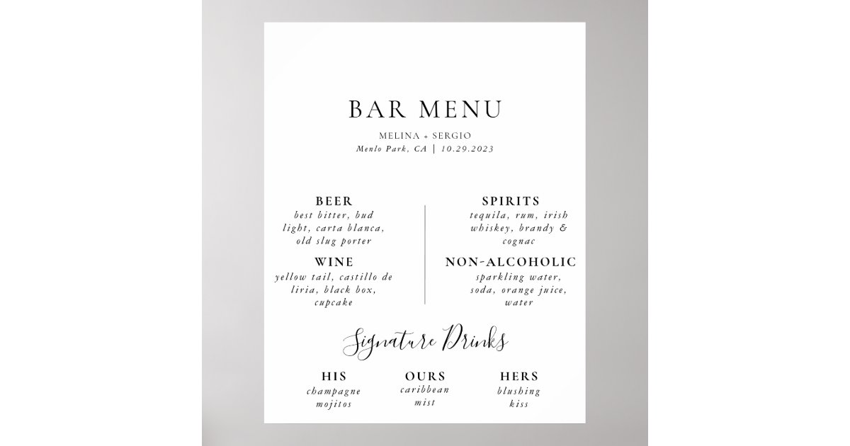Elegant Minimalist Calligraphy Wedding Bar Menu Poster | Zazzle