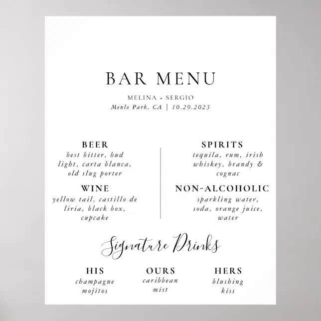 Elegant Minimalist Calligraphy Wedding Bar Menu Poster | Zazzle