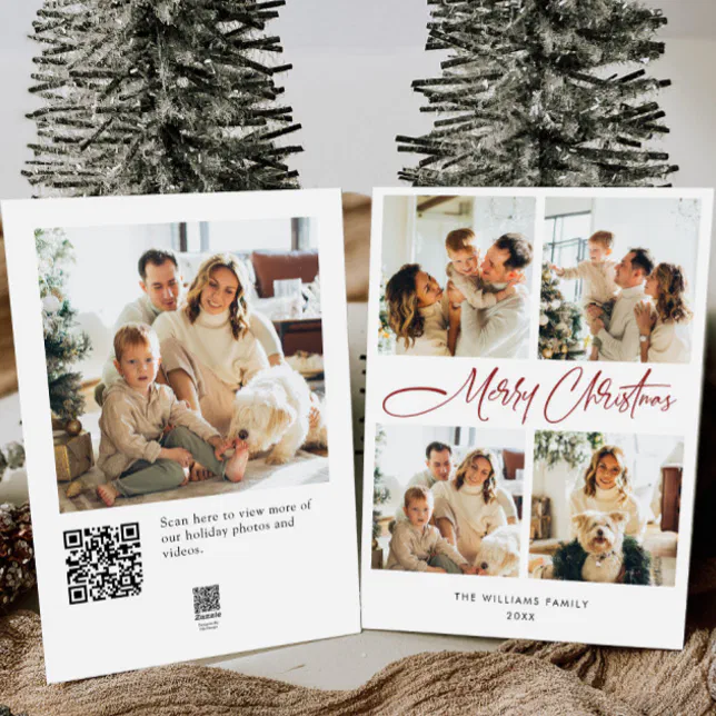 Elegant Minimalist Christmas 5 Photo QR code Holiday Card | Zazzle