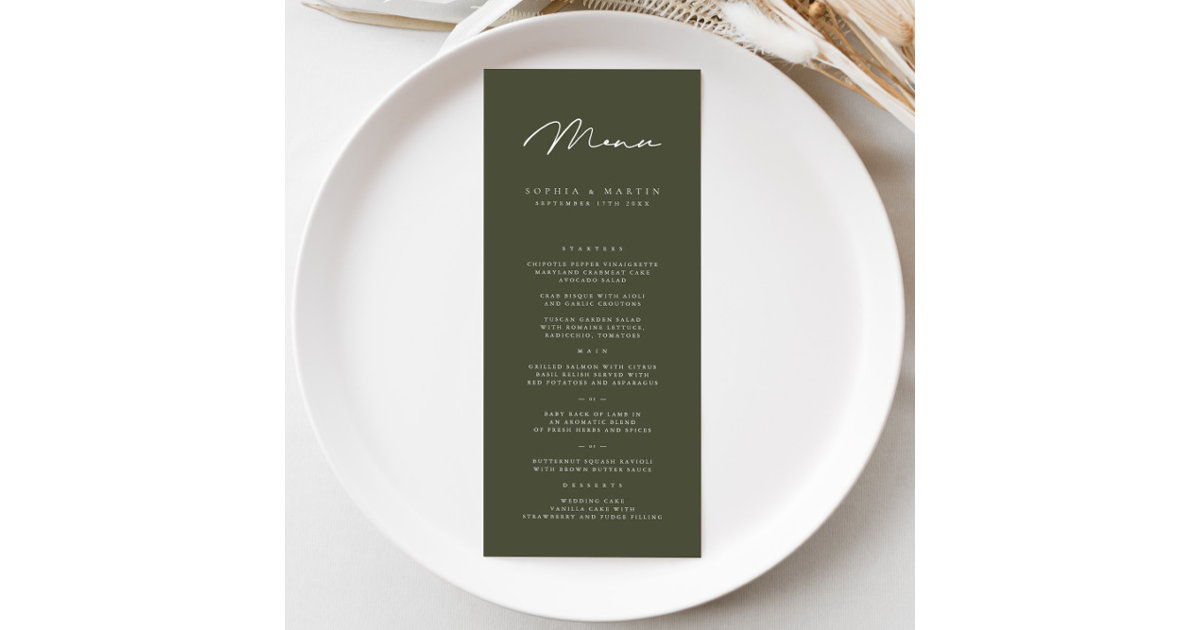 Elegant Minimalist Dark Green Wedding Menu | Zazzle