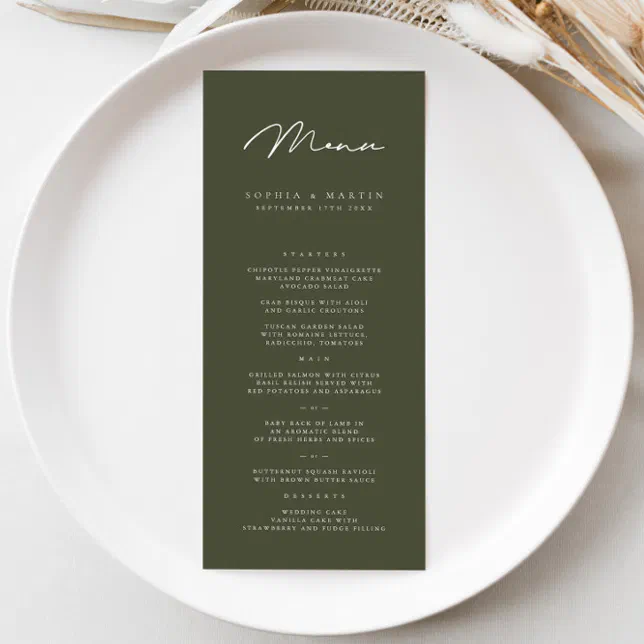 Elegant Minimalist Dark Green Wedding Menu | Zazzle