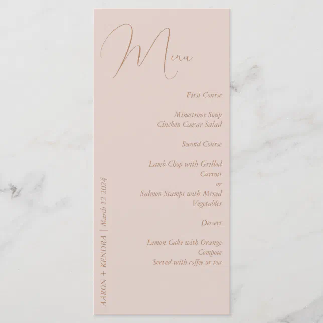 Elegant Minimalist Dusty Pink and Gold Menu | Zazzle