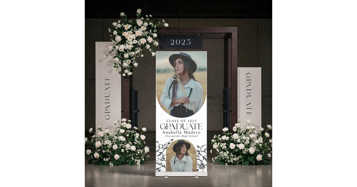 Elegant Minimalist Floral Graduation Retractable Banner | Zazzle