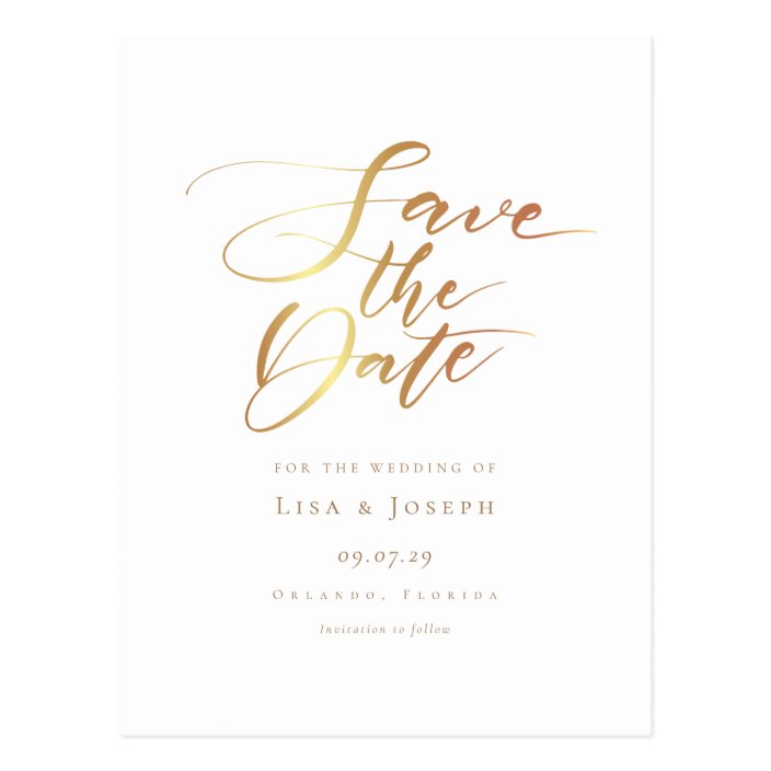 Elegant Minimalist Gold Script Save the Date Postcard | Zazzle.com