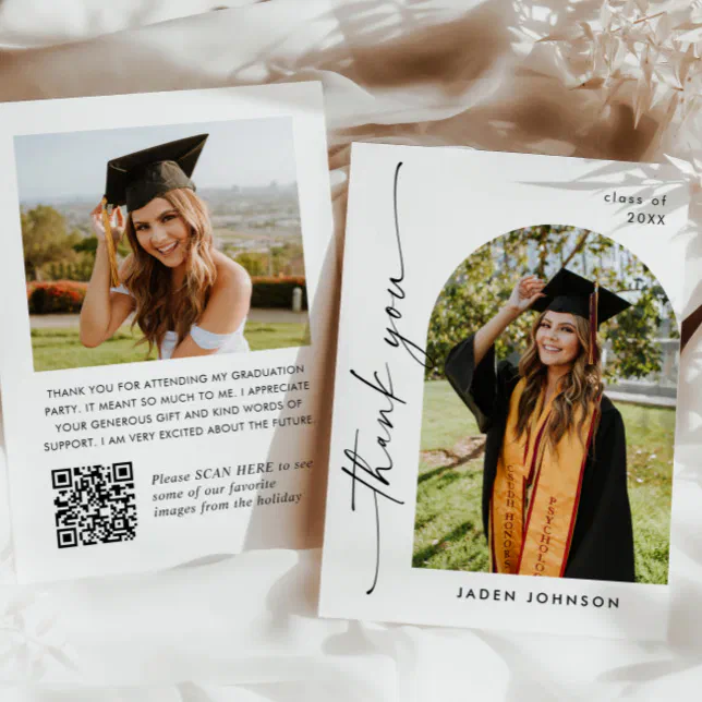 Elegant Minimalist Graduation 2 Photo QR code Thank You Card | Zazzle