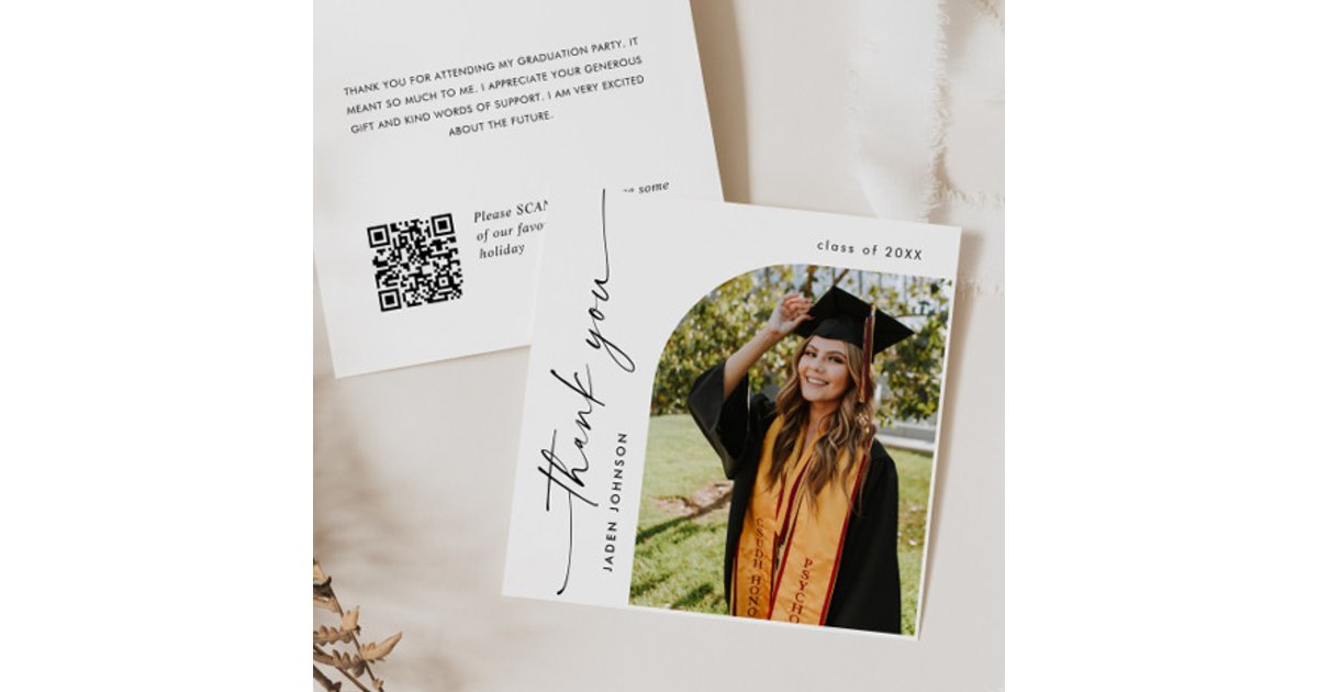 Elegant Minimalist Graduation One Photo QR code Thank You Card | Zazzle