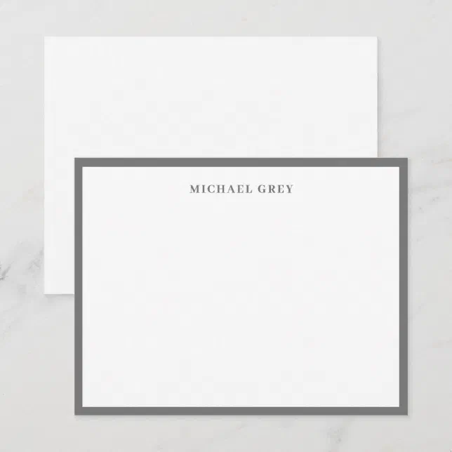 Elegant Minimalist Gray Name Border Flat Note Card | Zazzle