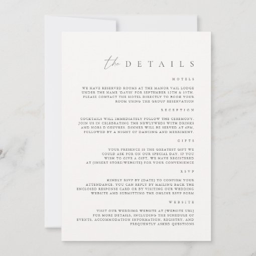 Elegant Minimalist Ivory Wedding Details on Back Invitation | Zazzle
