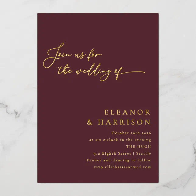 Elegant Minimalist Modern Burgundy Script Wedding Foil Invitation | Zazzle