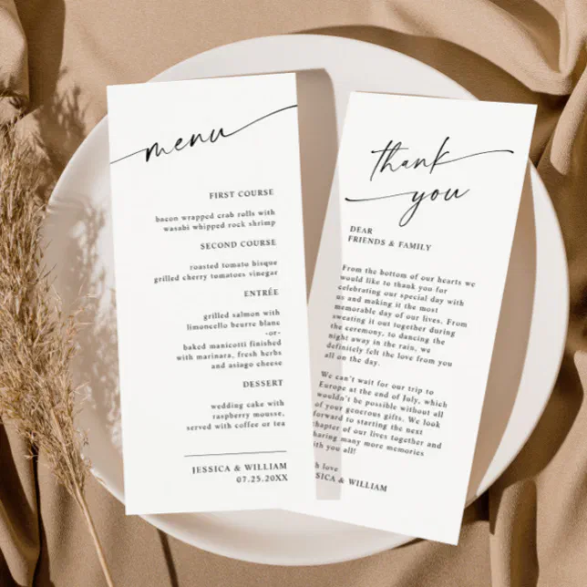 Elegant Minimalist Modern Wedding Thank You Menu | Zazzle
