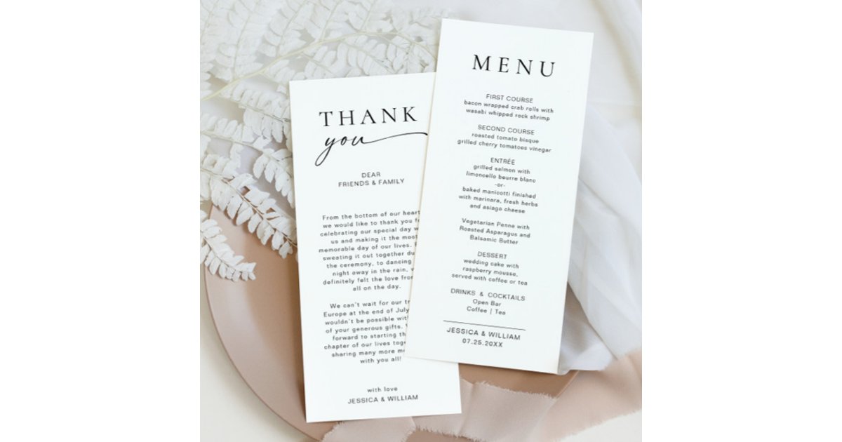 Elegant Minimalist Modern Wedding Thank You Menu | Zazzle