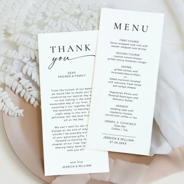 Elegant Minimalist Modern Wedding Thank You Menu | Zazzle
