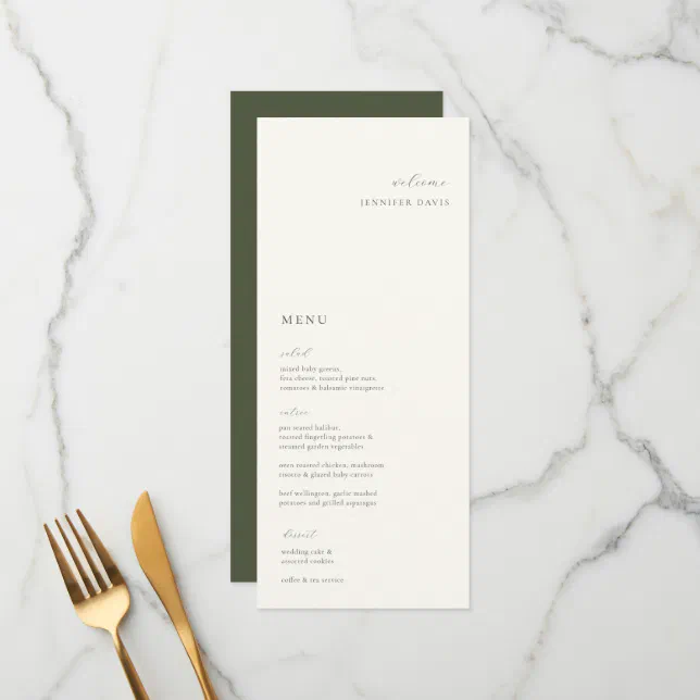 Elegant Minimalist Moss Green Place Card Menu | Zazzle