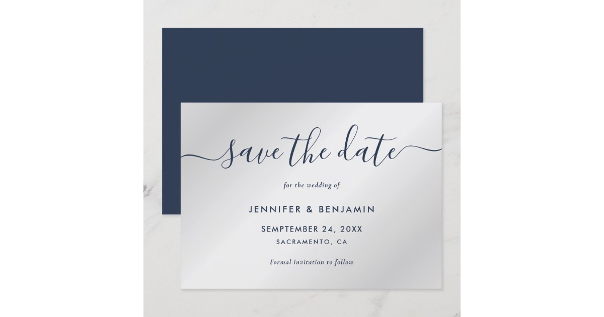 Elegant Minimalist Navy Blue and Silver Wedding Save The Date | Zazzle