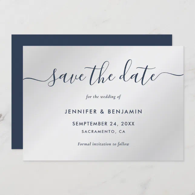 Elegant Minimalist Navy Blue and Silver Wedding Save The Date | Zazzle
