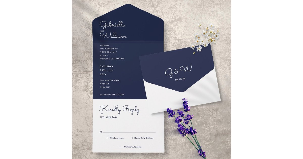 Elegant Minimalist Navy Blue Monogram Wedding All In One Invitation ...