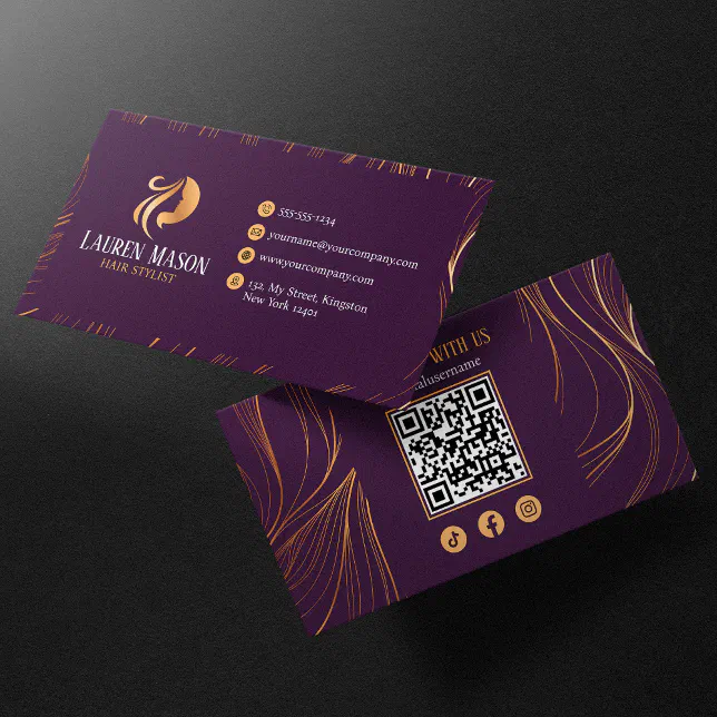 Elegant Minimalist Purple Gold HairStylist QR Code Business Card | Zazzle