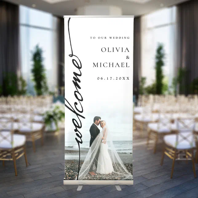 Elegant Minimalist Script Photo Wedding Welcome Retractable Banner | Zazzle