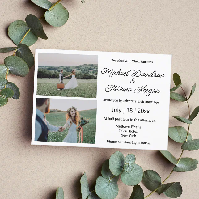 elegant minimalist script wedding 2 photos collage invitation | Zazzle