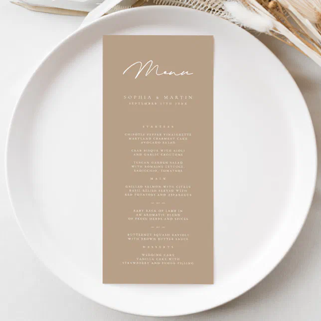 Elegant Minimalist Taupe Wedding Menu | Zazzle