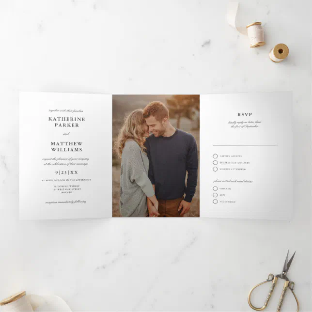 Elegant Minimalist Wedding Photo All-In-One Tri-Fold Invitation | Zazzle