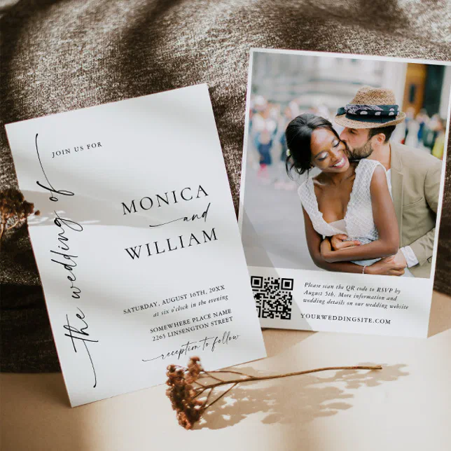 Elegant Minimalist Wedding Photo QR code Invitation | Zazzle