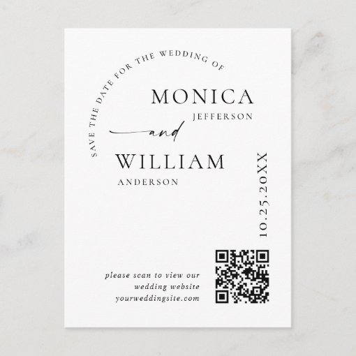 Elegant Minimalist Wedding Save The Date QR code Postcard | Zazzle