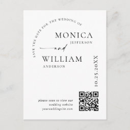 Elegant Minimalist Wedding Save The Date QR code Postcard | Zazzle