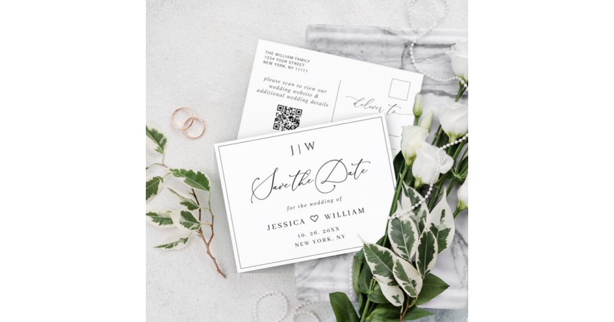 Elegant Minimalist Wedding Save the Date QR code Postcard | Zazzle