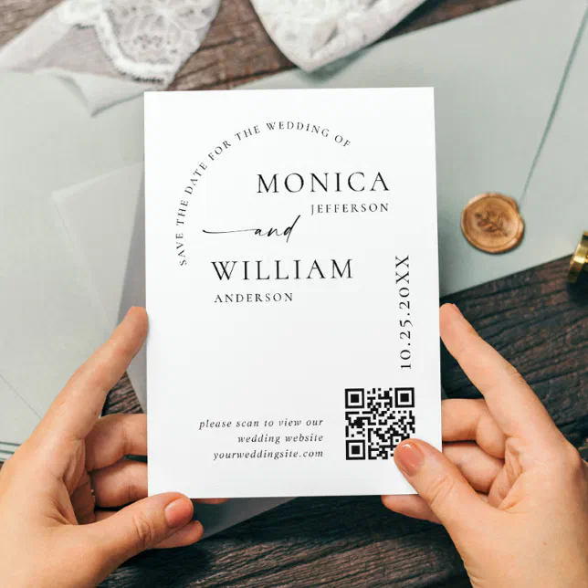 Elegant Minimalist Wedding Save The Date QR code Postcard | Zazzle