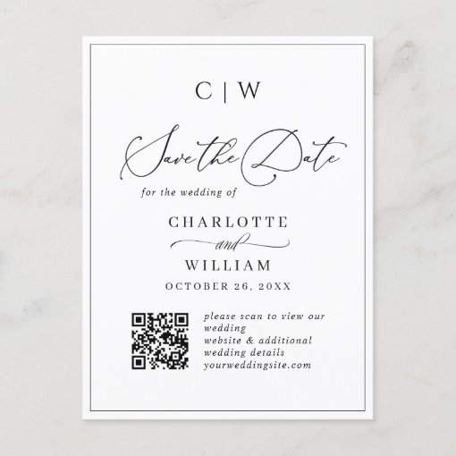 Elegant Minimalist Wedding Save the Date QR code Postcard | Zazzle