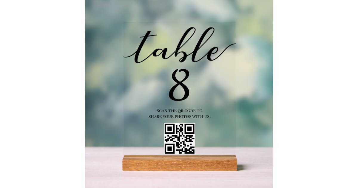 elegant minimalist wedding table number qr code acrylic sign | Zazzle
