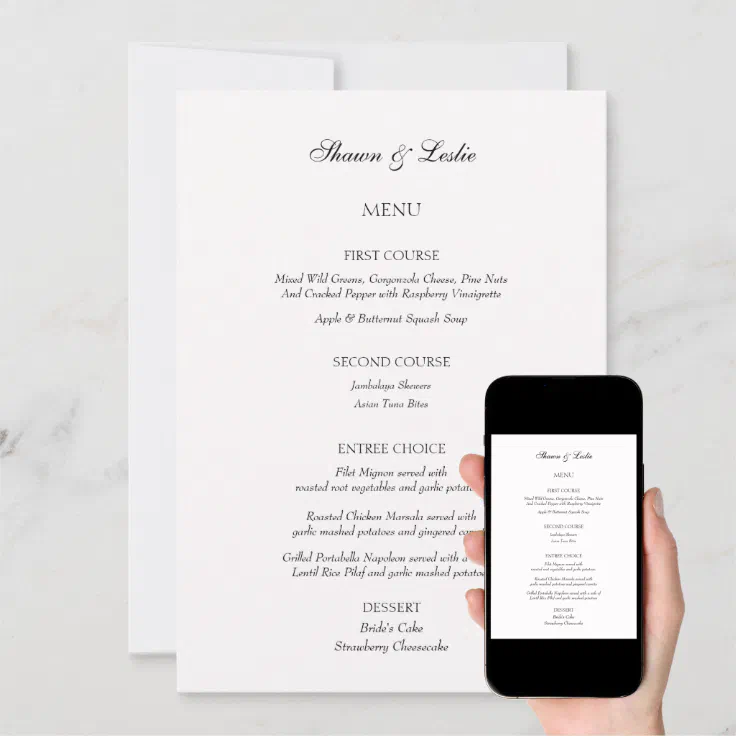 Elegant Minimalist Wedding Three Course Menu Invitation | Zazzle