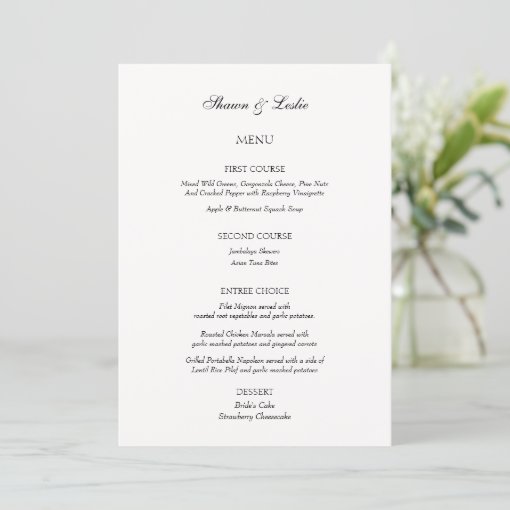 Elegant Minimalist Wedding Three Course Menu Invitation | Zazzle