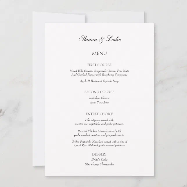 Elegant Minimalist Wedding Three Course Menu Invitation | Zazzle