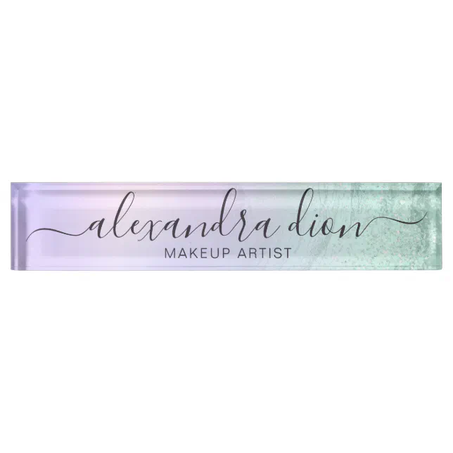 Elegant mint green glitter marble makeup artist desk name plate | Zazzle