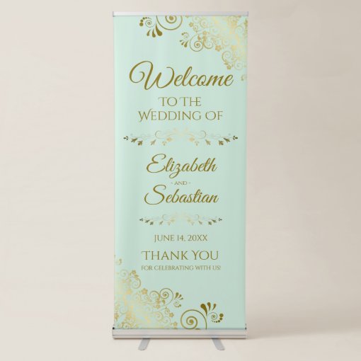 Elegant Mint Green & Gold Lacy Wedding Welcome Retractable Banner | Zazzle