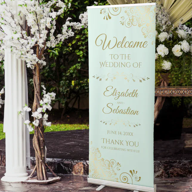 Elegant Mint Green & Gold Lacy Wedding Welcome Retractable Banner | Zazzle