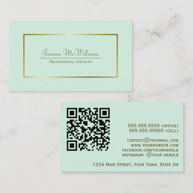 Elegant Mint Green & Gold Professional QR Code Business Card | Zazzle