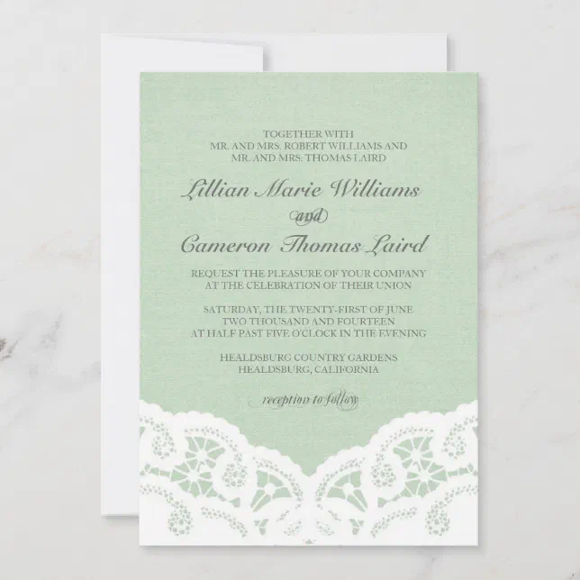 Elegant Mint Lace Wedding Invitation | Zazzle