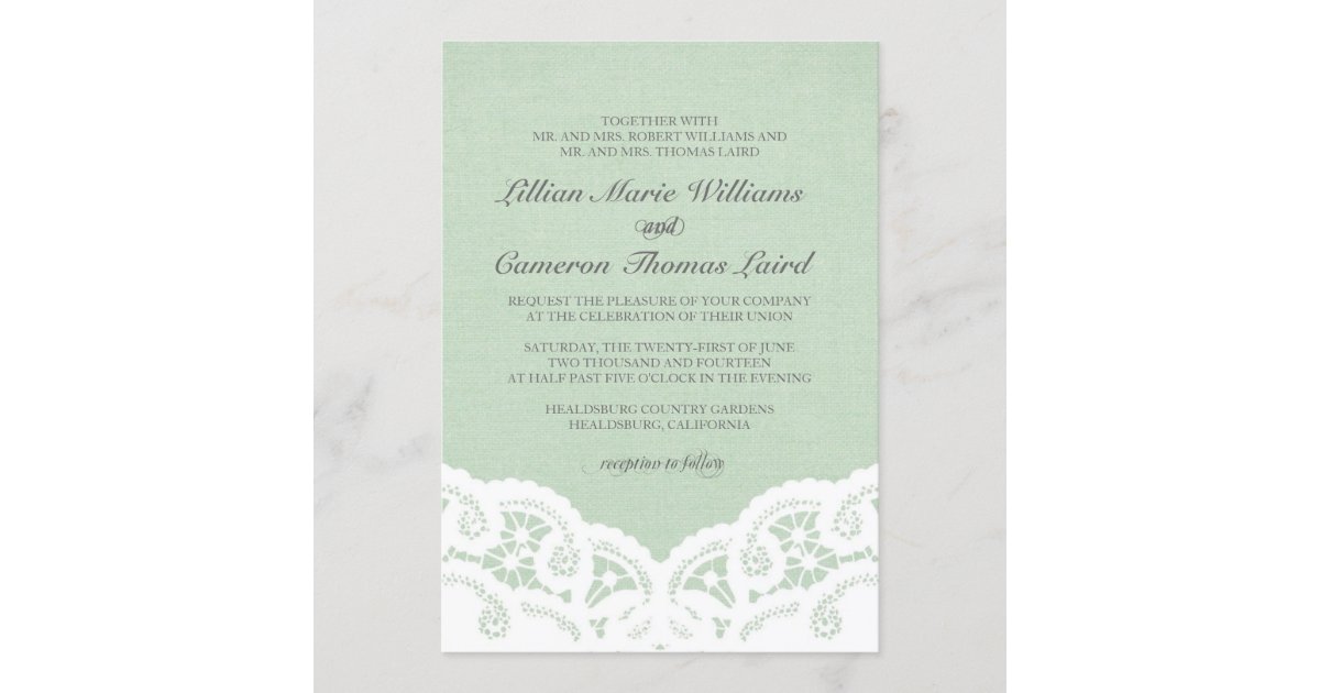 Elegant Mint Lace Wedding Invitation | Zazzle.com