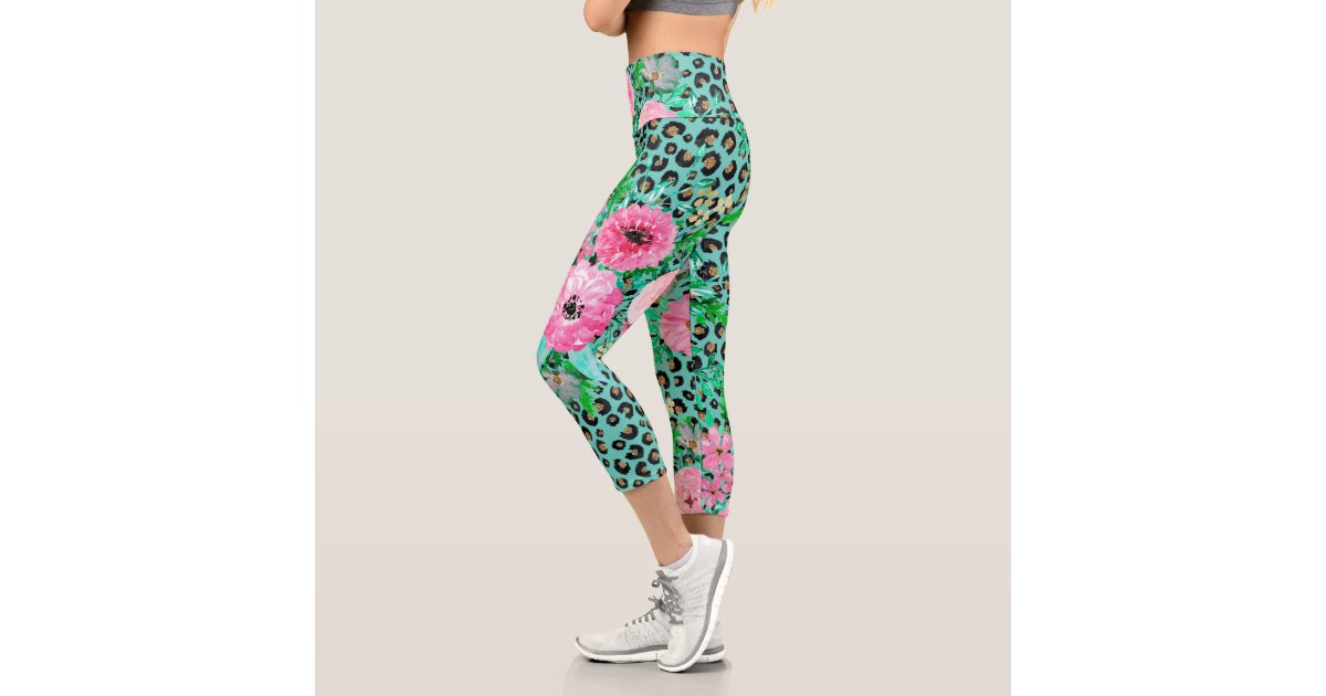 Elegant Mint Leopard Print and Floral Design Capri Leggings | Zazzle