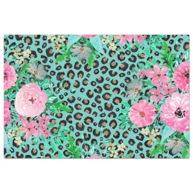 Elegant Mint Leopard Print and Floral Design Tissue Paper | Zazzle