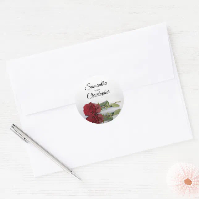 Elegant Mirrored Red Rose Wedding Classic Round Sticker | Zazzle