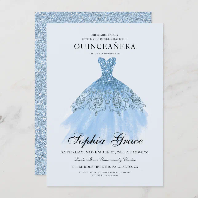 Elegant Mis Quince Blue Glitter Quinceañera Invitation | Zazzle