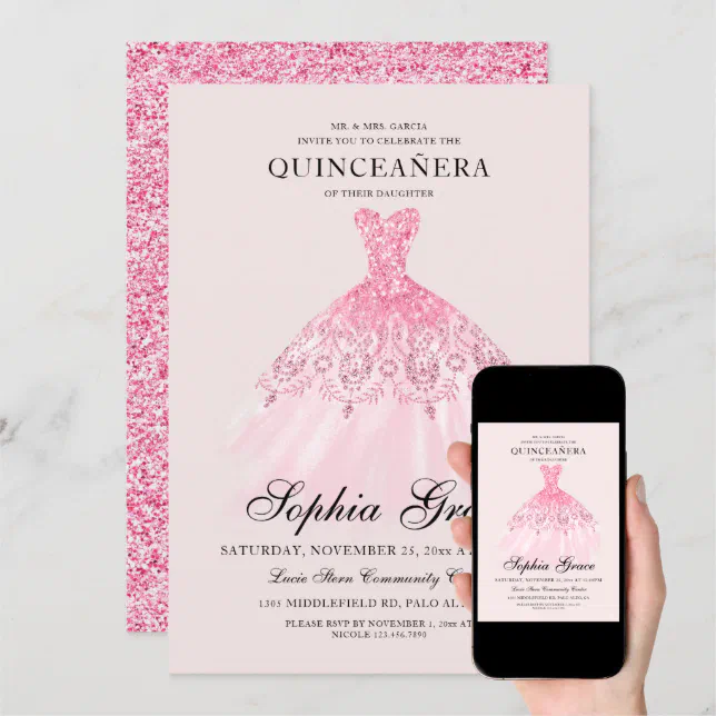 Elegant Mis Quince Pink Glitter Quinceañera Invitation | Zazzle