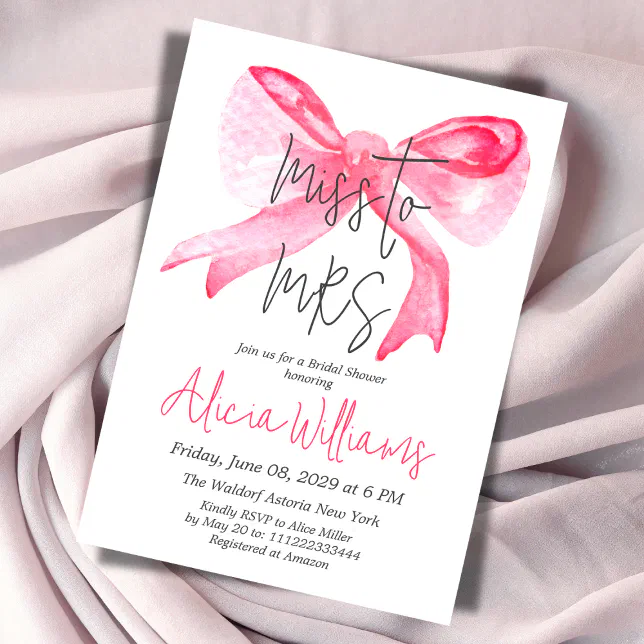 Elegant Miss to MRS Ribbon Pink Bow Bridal Shower Invitation | Zazzle